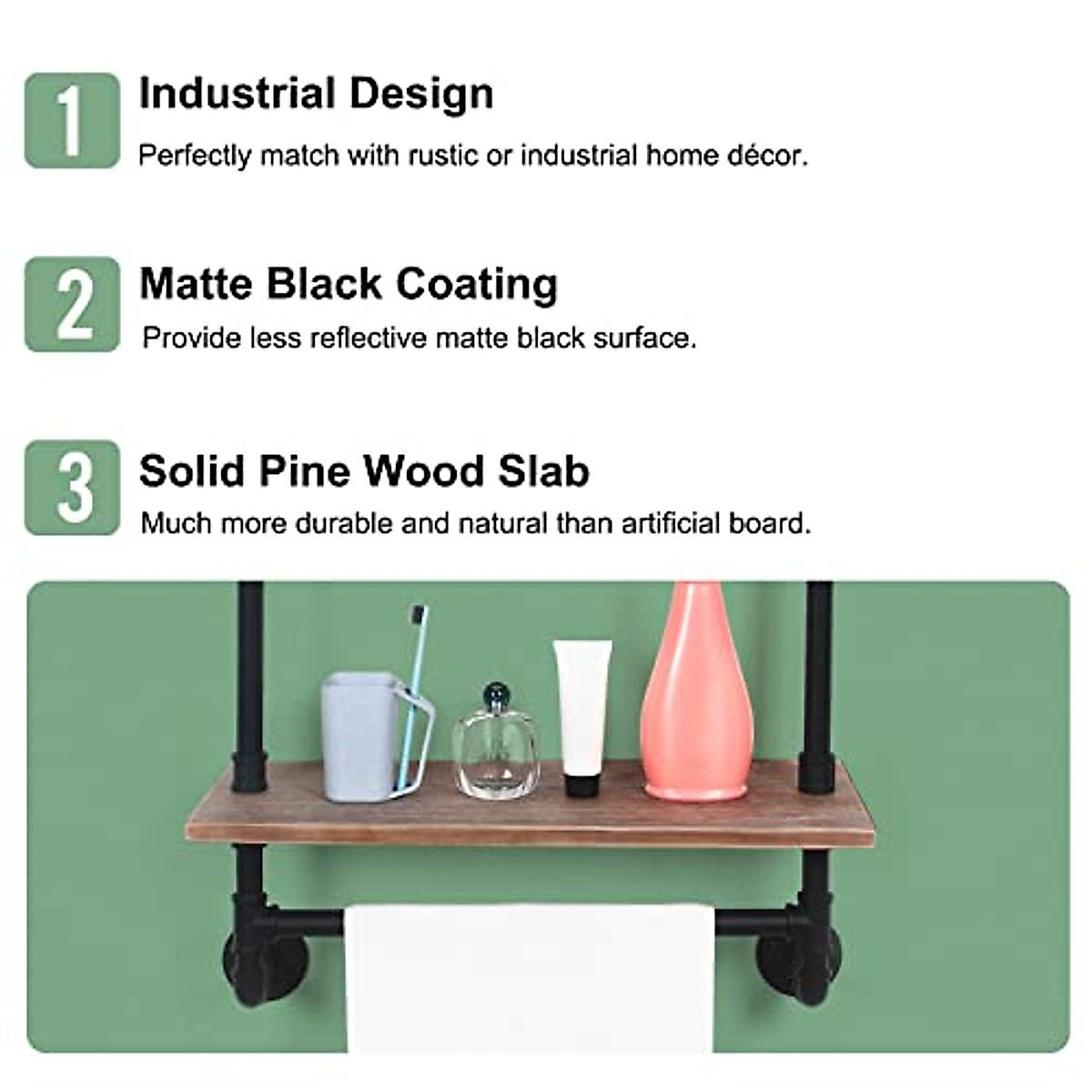 HouseAid Industrial Pipe Floating Shelves with Towel Bar, 24 Inch Farmhouse Vintage Style Shelf for Bathroom, Wall Mounted, Matte Black (3 Tiers)