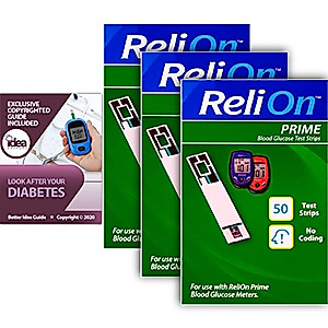 ReliOn Prime Blood Glucose Test Strips, 50 Ct (3 Pack) Bundle with Exclusive Look After Your Diabetes - Better Idea Guide (4 Items)