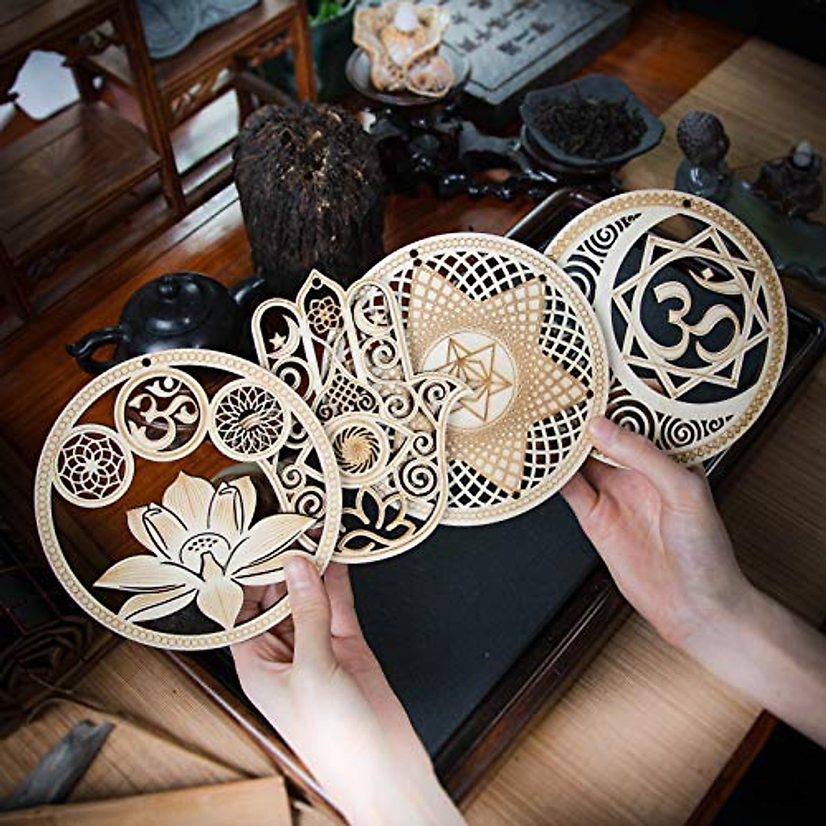 5.31" Sacred Geometry Wall Art 4 PCS Set, (Sacred Lotus, Hamsa Hand, Soul Star, Union Sun Moon) Crystal Grid Meditation Chakra Wooden Wall Art Yoga Decor Spiritual Gifts