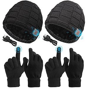 Honoson Bluetooth Beanie Set Includes 2 Pieces Bluetooth Beanie Hat Wireless Winter Hats 2 Pairs Winter Touchscreen Gloves Knit Stretch Gloves for Christmas Birthday Gifts for Men Women