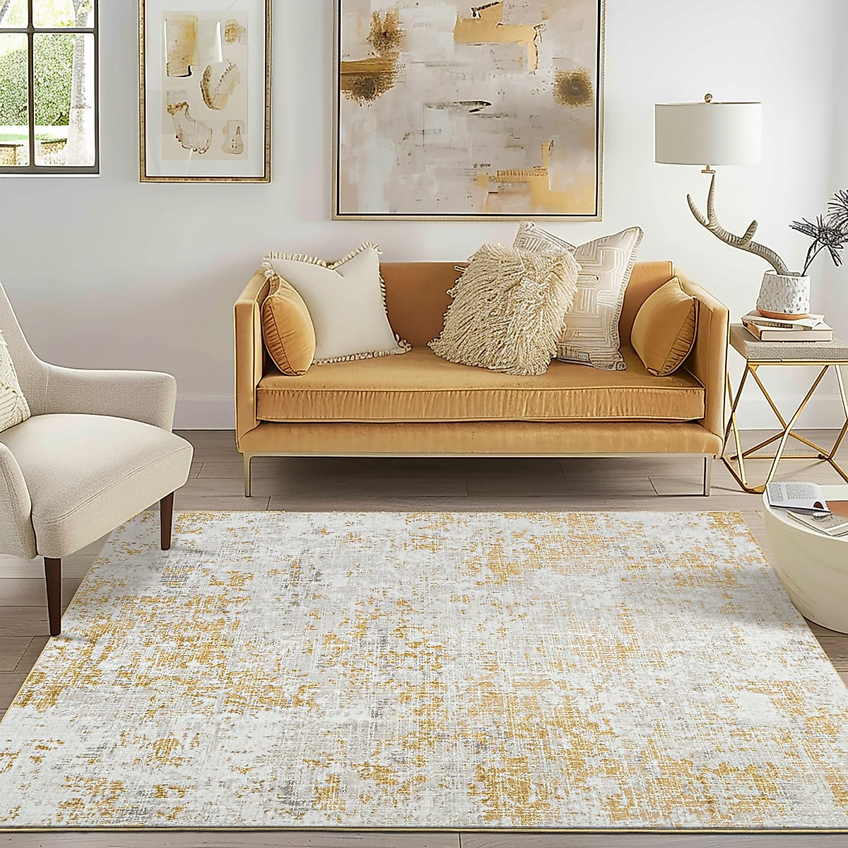 ILANGO 5 x 7 Area Rug for Living Room Bedroom Washable Rugs with Non Slip Backing High Traffic Indoor Carpet for Dining Room Dorm Non-Shedding & Fade Resistant Modern Rugs (Golden)