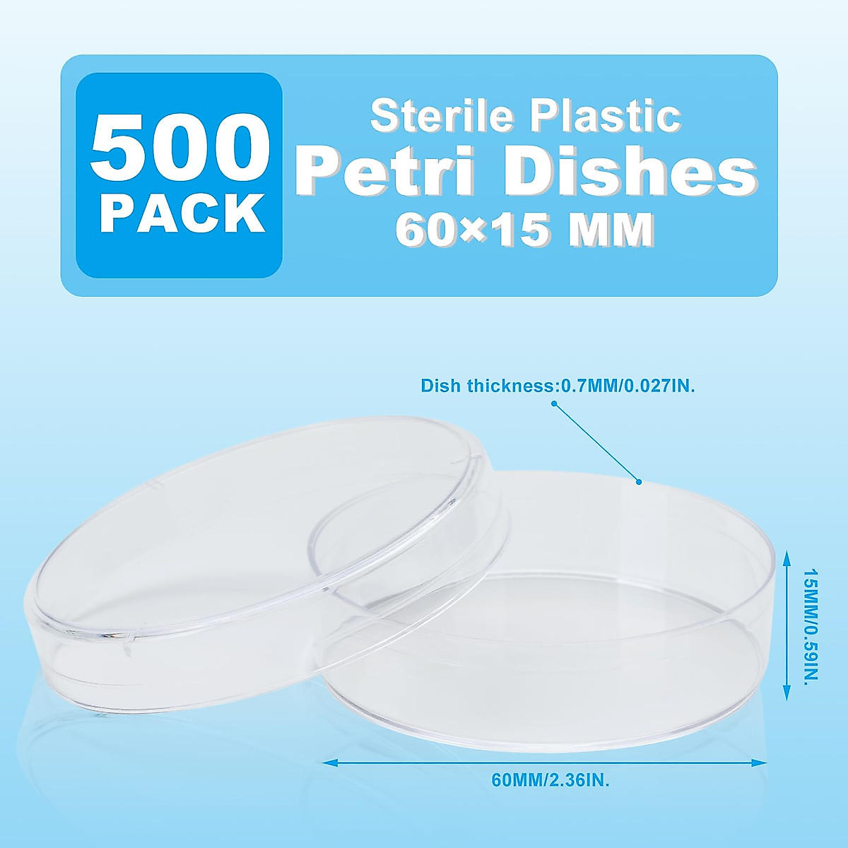 CryoKing 500 Pack Petri Dish, 60×15mm Sterile Thick Petri Dishes with Lid, Clear Stackable Thick Plastic Culture Dishes for Lab Experiment, School Science Project, Myclogy, Biology