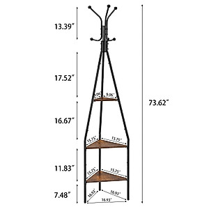 Hoctieon 3-Tier Coat Rack Freestanding with Hooks, Industrial Coat Tree Freestanding, Mordern Coat Racks Free Standing with Shelf, Coat Rack with Storage for Clothes, Hats, Bags