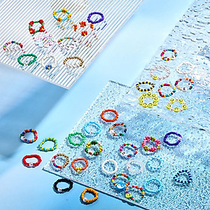 Hicarer 40 Pieces Flower Beads Rings Rainbow Colorful Rice Bead Rings Cute Handmade Smile Beaded Rings Colorful Jewelry Rings for Women