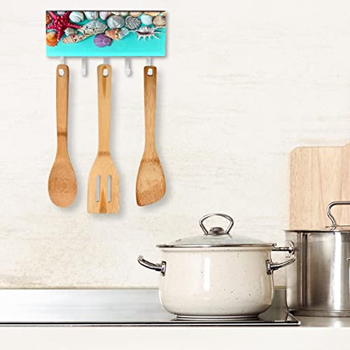 Marine Gastropods Starfish Conch Rack Organizer with 5 Hooks Wall Bathroom Kitchen Shelf Rack Multifunctional Storage Shelf