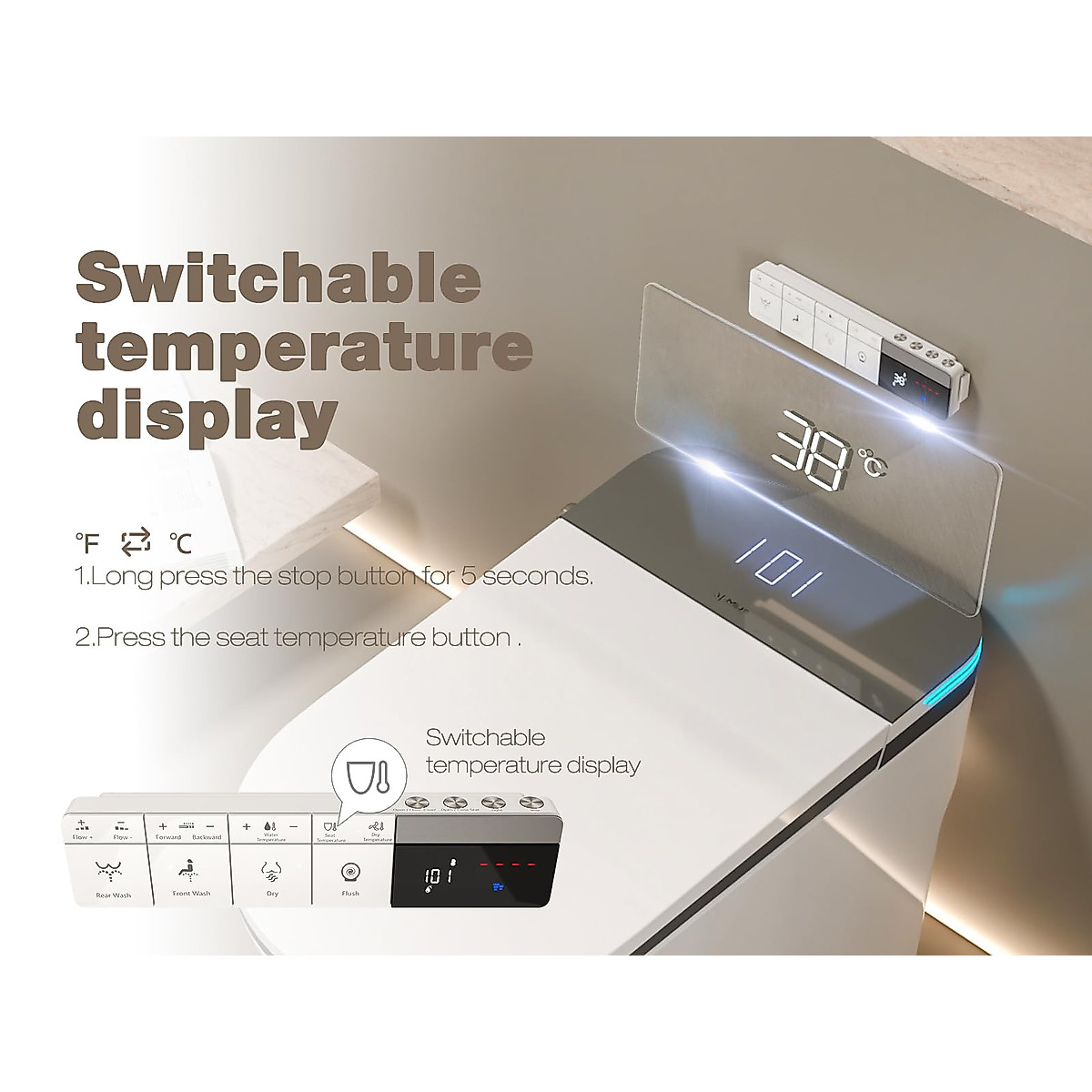 MEJE #MZE013 - Luxury Automatic Toilet,Smart Toilet with Intelligent Bidet,Auto Open and Close,Auto Flush,Heated Seat,Remote Control, Night Light, Switchable Temperature Display,White