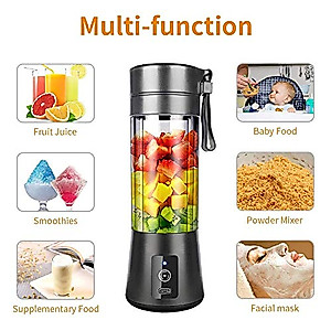 Portable Blender, YKSINX Smoothie Blender, Personal Mini Blender for Shakes and Smoothies, Six Blades in 3D, 13oz 2000mAh Powerful USB Rechargeable Home Travel Fruit Juicer Cup (Black)