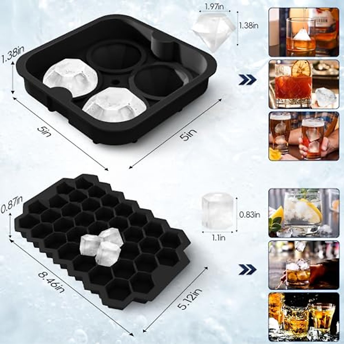 Ice Cube Tray, Silicone Large Ice Cube Molds for Freezer with Lid (4 Pcs), 6 Ball Ice Tray, 4 Diamond & 6-Ice Trays, Reusable Ice Mold for Whiskey ，Drinks，Juices and Cocktails. (Black)