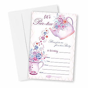 Tea Party Birthday Invitations, Par-tea Birthday Party Invites Decorations, Kids Adults Birthday Party and Events Supplies, 20 Fill-in Invites Cards with Matching Envelopes（YQK-038）