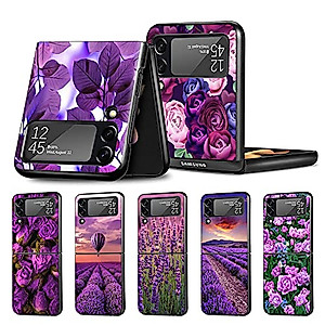 Phone Case for Samsung Galaxy Z Flip 3 Z Flip 4 5G Black Hard PC Cover Purple Lavender Flowers,Z5,for Z Flip 3 5G