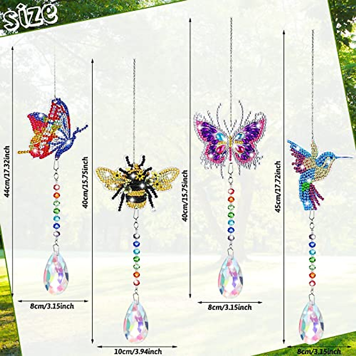 4 Pcs Diamond Painting Kits 5D Diamond Painting Suncatcher Double Sided DIY Wind Chime Kit Diamond Art for Kids Butterfly Bee Hummingbird Ornament for Adults Kids Home Garden Supplies (Cute Style)
