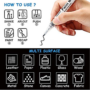 White Paint Pen, 8 Pack 0.7mm Acrylic Paint Pens with 2 White 2 Black 2 Gold 2 Silver Paint Pen Permanent Marker for Wood Rock Fabric Metal Plastic Ceramic Acrylic Paint Markers Extra Fine Tip