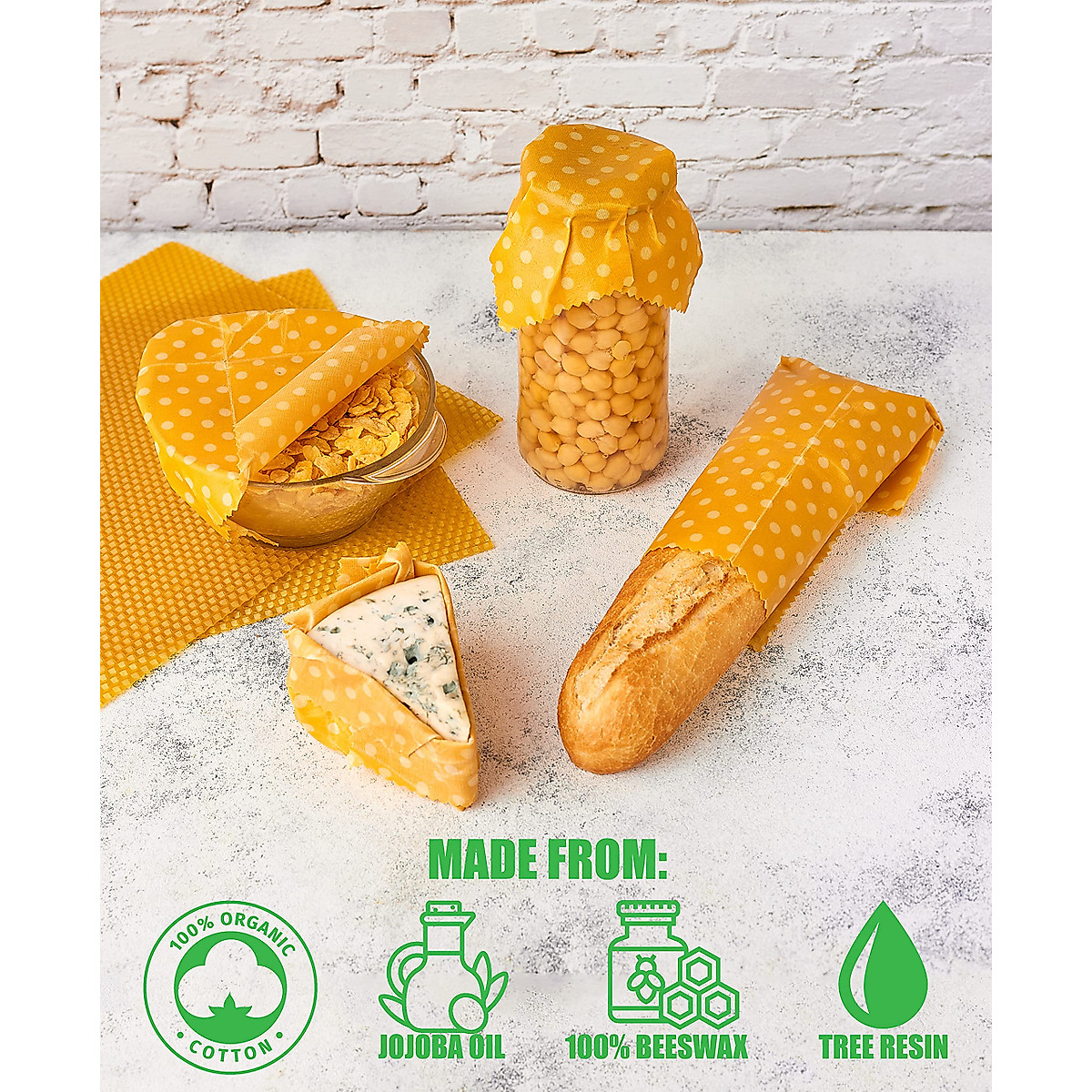 Beeswax Gifts Reusable Beeswax Wrap Set of 6, Washable and Sustainable Food Wraps with Jojoba Oil, Cotton Bees Wax Food Storage Covers For Fruits, Vegetables, Bread, Produce (Made in Ukraine)