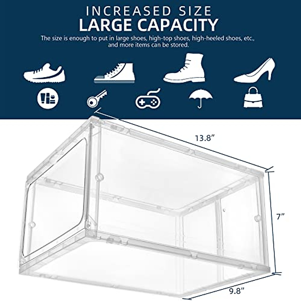 Galifode Clear Plastic Shoe Storage Boxes, Stackable Shoe Organizer Bins for Closet, Entryway, Large Shoe Container, Sneakers Toys Display Cases, 13.8 x 9.8 x 7 Inches