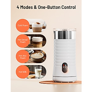 Milk Frother, 4-in-1 Milk Frother and Steamer, Frother for Coffee, Hot & Cold Foam Maker for Latte, Cappuccino, Macchiato, Electric Milk Frother Warmer with Silent Operation & Auto Shut-off (White)