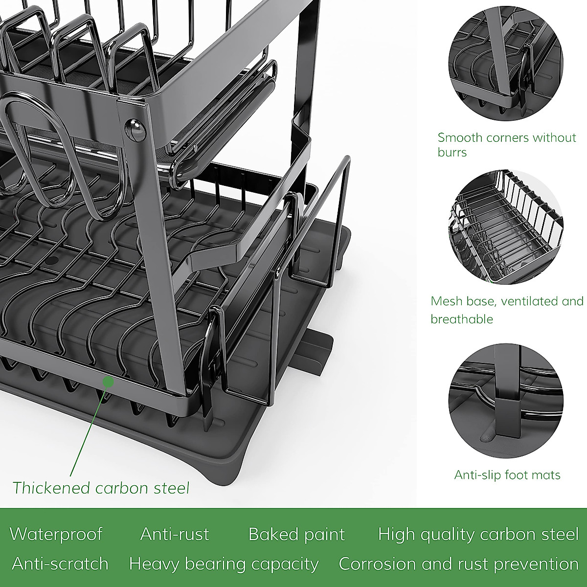 CHIACHIA Dish Drying Rack for Kitchen Counter, 2 Tier Dish Drying Rack with 2 Drainboard, Dish Rack and Drainboard Set with Knife and Fork Holder, Black Carbon Steel Large Capacity Dish Drainer