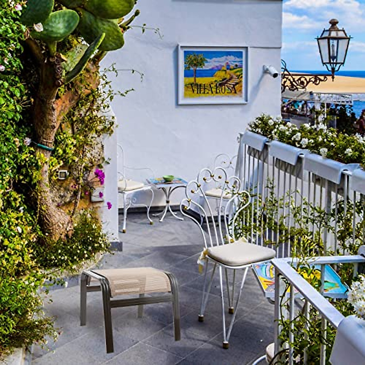 Deugold Outdoor Patio Ottoman Seat Textilene Portable Metal Footstool Portable Footrest Patio Chairs 2 Set Beige