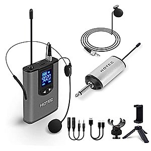 HOTEC UHF Wireless Headset Microphone/Lavalier Lapel Mic with Bodypack Transmitter and Mini Rechargeable Receiver 1/4" Output for Vlogging or Speech