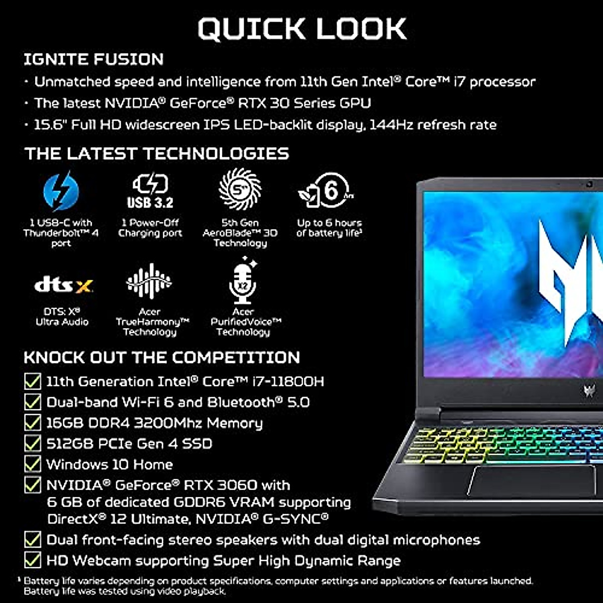 Acer Predator Helios 300 Gaming Laptop, Intel i7-11800H, NVIDIA GeForce RTX 3060 GPU, 15.6" FHD 144Hz 3ms IPS Display, 32GB DDR4 3200MHZ RAM, 1TB SSD, 1TB HDD, WiFi6, RGB KB, Win10 H(PH315-54-760S)