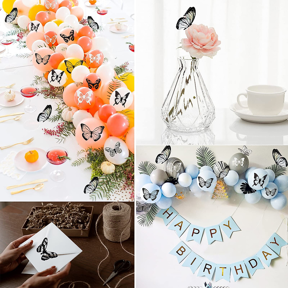 HZMM 72 Pcs 3D Butterfly Wall Stickers, Waterproof PVC, Black & White, Removable Paper Decals with Sticky Dots for Window, Furniture, Wedding, Baby Kids Bedroom Christmas DIY Decor