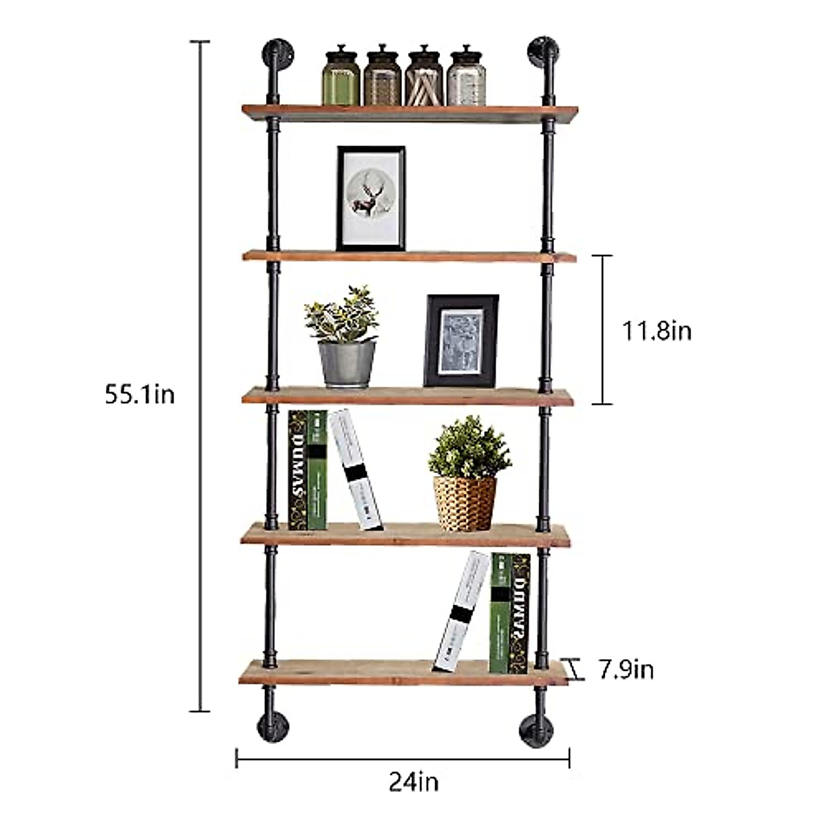 Industrial Pipe Shelving, 24inch Pipe Shelves with Wood Planks, 5 Tier Floating Shelves Wall Mounted Steampunk Real Wood Book Shelves, Retro Rustic Industrial Shelf for Bar Kitchen Living Room