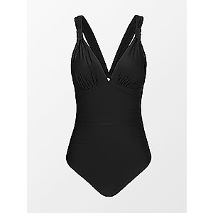 CUPSHE Women One Piece Swimsuit Deep V Neck Tummy Control Ruched V Back Classic Bathing Suits XL Black