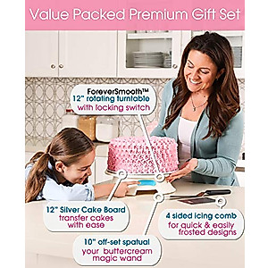 ForeverSmooth Cake Turntable Stand- Sturdiest Rotating Cake Leveler & Slicer. Decorating Supplies Kit w/Offset Spatula Set, Icing Bench Scraper, Cake Boards. 12 Inch White Spinner Baking Accessories