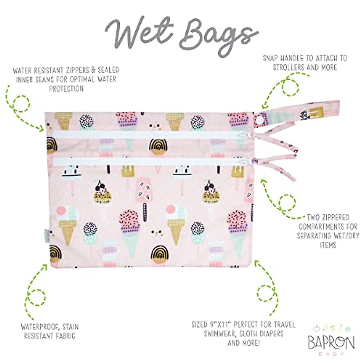 BapronBaby Pink Ice Cream Wet Dry Bag - Waterproof Two Zipper Pockets - Reusable for Mealtime, Diapers, Stroller, Snacks, Swimsuits - Machine Washable - 11" x 9"