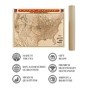 HISTORIX Vintage 1892 United States Map - 18x24 Inch Vintage Map of United States Wall Art - Old Wall Map of The United States of America Showing Union Pacific Overland Route and Connections
