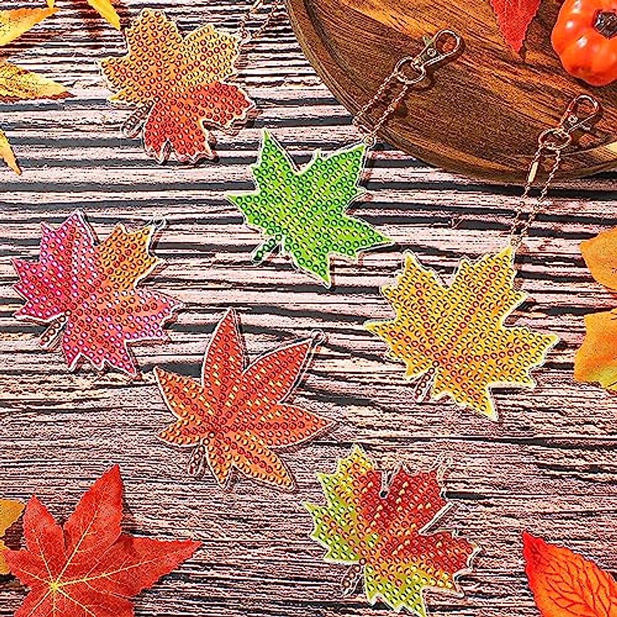 12 Pieces Fall Diamond Painting Keychains Fall Leaves Diamond Art Key Rings Double Sided Full Drill Maple Leaf 5D Diamond Pendants DIY Diamonds Hanging Ornaments for Autumn Thanksgiving Party Decor