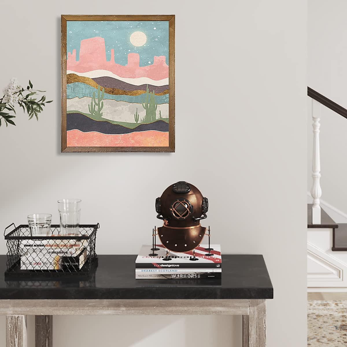 Southwestern Desert Wall Art - Pastel Pink and Teal Poster Picture Prints - Modern Boho Mountain Wall Decor - Green Cactus Room Decor - Textured Nature Art - Abstract Western Artwork for Bedroom 8x10