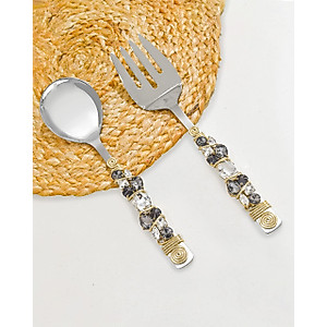 YoTreasure Tiramisu Crystal Radiance Stainless Steel Black & White Salad Server Spoon and Fork Set for Modern Kitchen