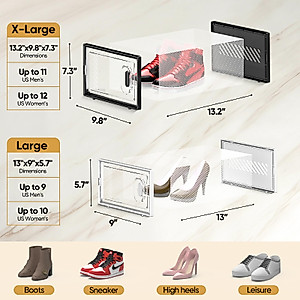 BALEINE 12 Pack Stackable Shoe Storage Boxes Fit Size 11, Thickened Clear Shoe Box Bins with Lids, Plastic Foldable Shoe Rack Organizer Sneaker Storage Containers (X-Large, Black)