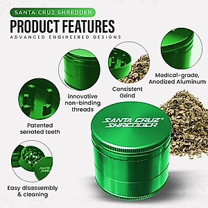 Santa Cruz Shredder Herb Grinder 3 Piece Medium 2 1/8" Superior Grip and Aluminium (Green)