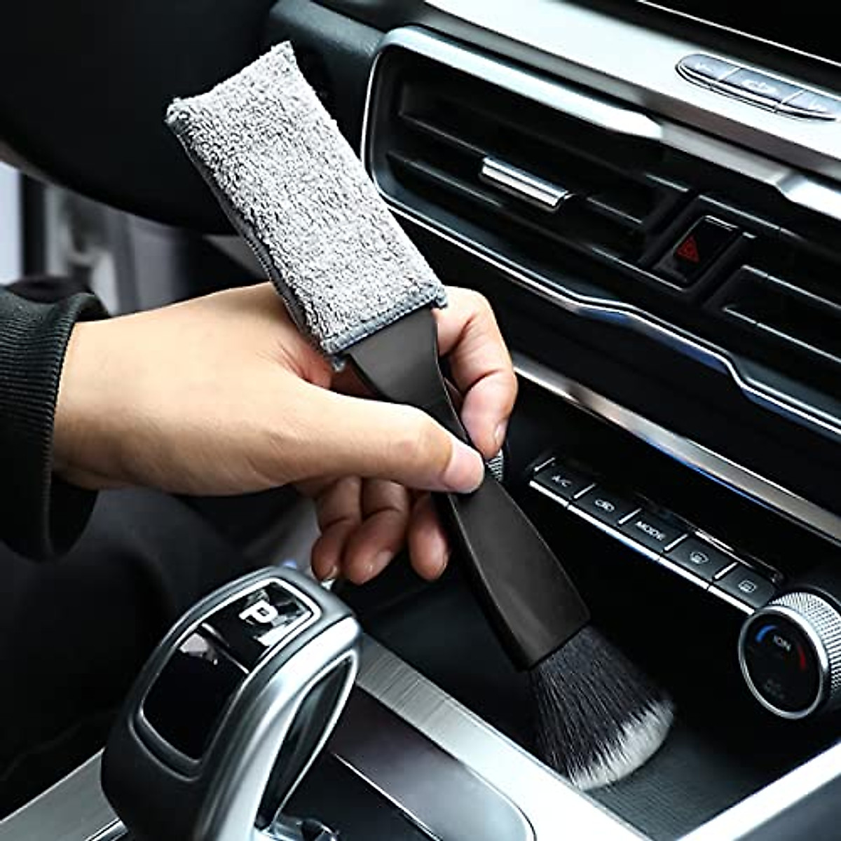 AUCELI Double Head Brush for Car Clean, Soft Nylon Hair and Coral Fleece, Auto Exterior Interior Detailing Brushes, Vehicle Cleaning Kit for Wheels, Engine Bay, Leather Seats, Air Vents (Black/2PCS)