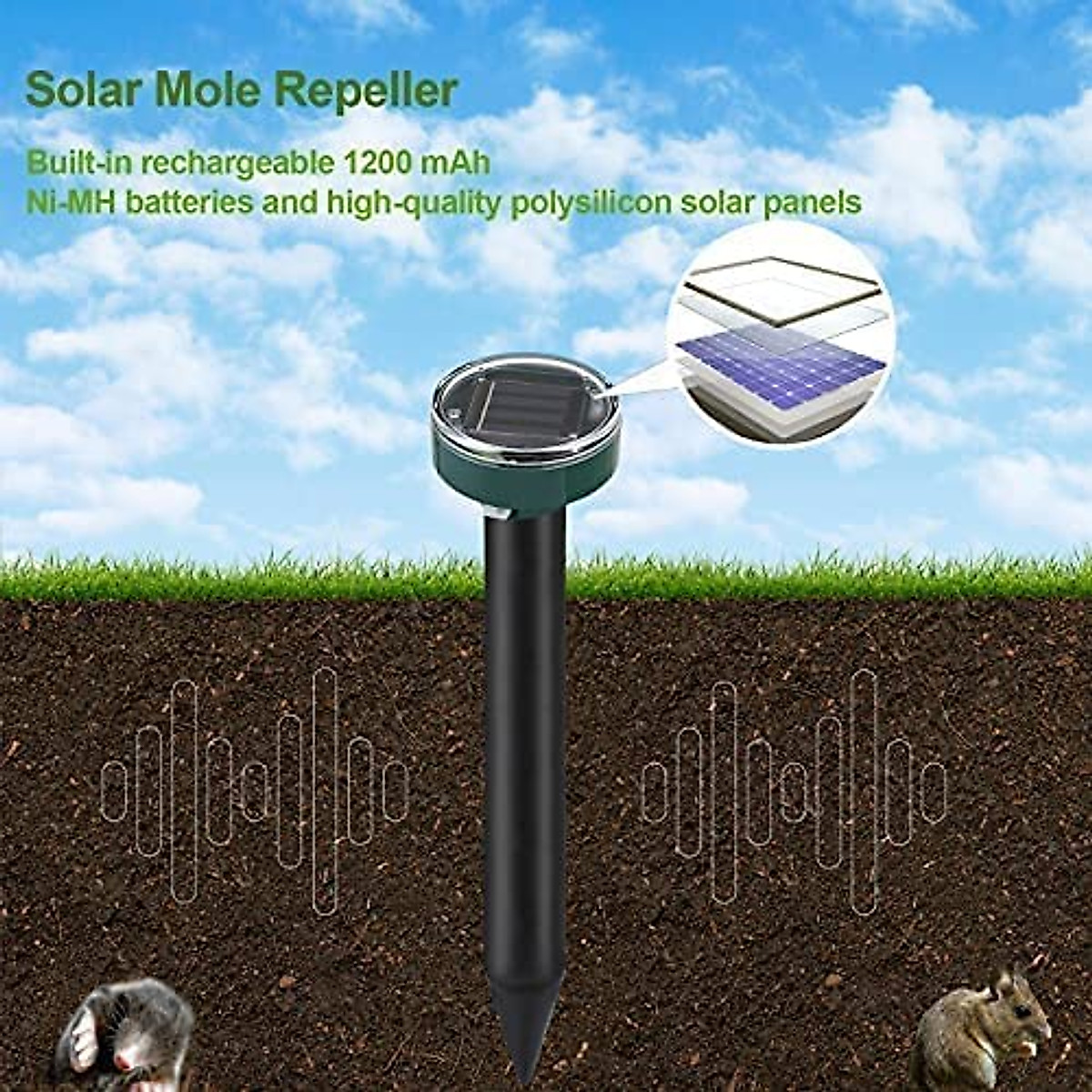 ENLLY Mole Repellent Solar Powered Gopher Repellent Ultrasonic Solar Powered Sonic Mole Deterrent Stakes, Snake Groundhog Repellent for Yard, Garden, Lawn