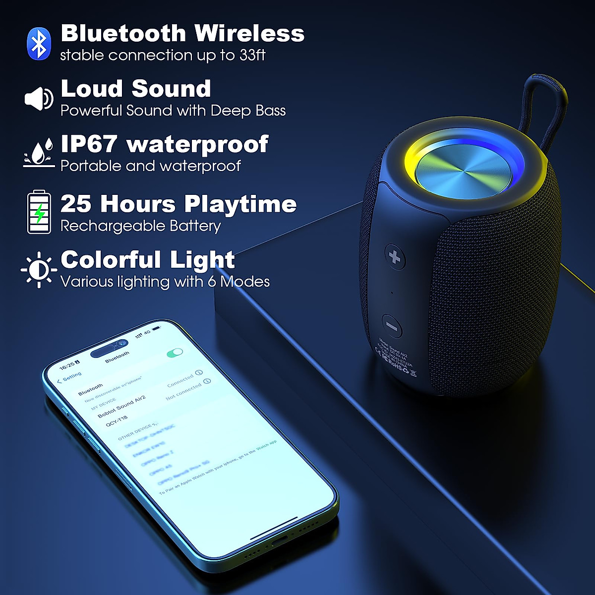 Bobtot Bluetooth Speaker Wireless Portable Speaker with Loud Stereo Sound RGB Lights, 25H Playtime, Dual Pairing Small Wireless Speakers for PC/Computer