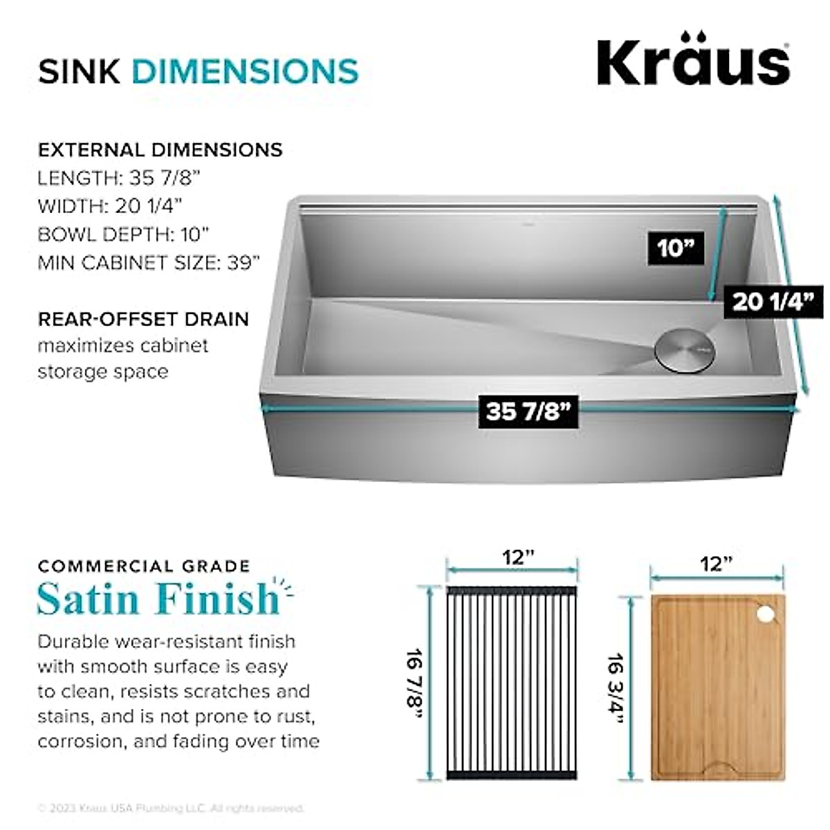KRAUS Kore Workstation 36-inch Farmhouse Flat Apron Front 16 Gauge Single Bowl Stainless Steel Kitchen Sink with Integrated Ledge and Accessories (Pack of 5), KWF410-36
