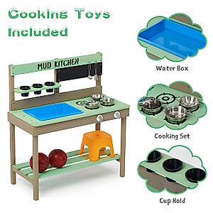 SoliWood Kid's Wooden Play Kitchen, Outdoor Mud Kitchen with Water Play Set and Cooking Toys, Backyard Play for 3+ Years Kid