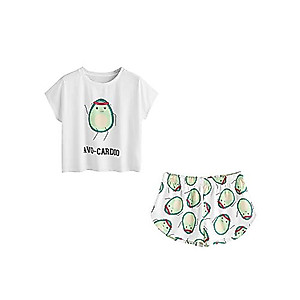 Floerns Women's 2 Piece Pajama Sets Cartoon and Graphic Print Sleepwear Tops and Drawstring Pajama Shorts A White L