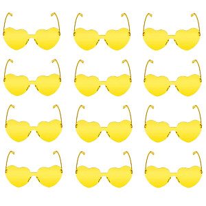 JFTOWN 12 Pairs Heart Shape Rimless Valentines Sunglasses Candy Color Frameless One Piece Love Glasses for Women Party Favor (Yellow)