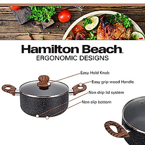 Hamilton Beach 5 Quart Nonstick Marble Coating Even Heating Round Dutch Oven Pot with Glass Lid and Wooden Like Soft Touch Handle, Dutch Oven Pot, Braising, Roasting
