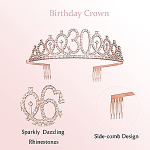 30th Birthday Decorations for Women，Rose Gold 30 Birthday Crown Tiara ，Cake Topper, Birthday Sash with Peal Pin and Birthday Candles Kit,15th Birthday Gifts for Women