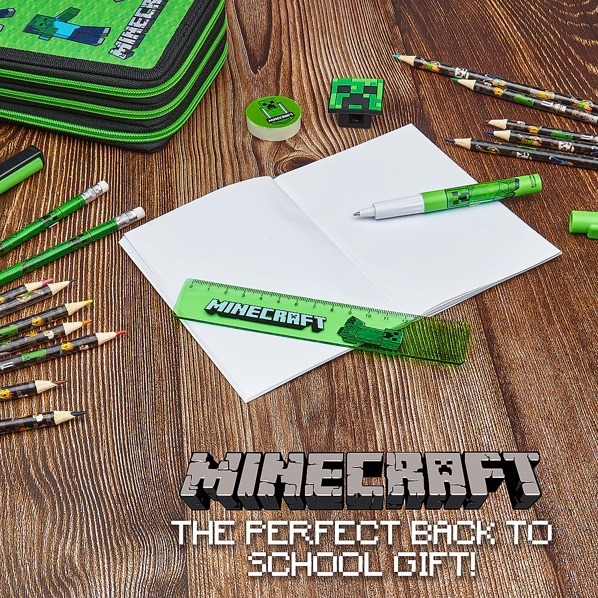 Minecraft Children's Pencil Case with Multiple Compartments, Stationery Included – School Supply (Green Mob)