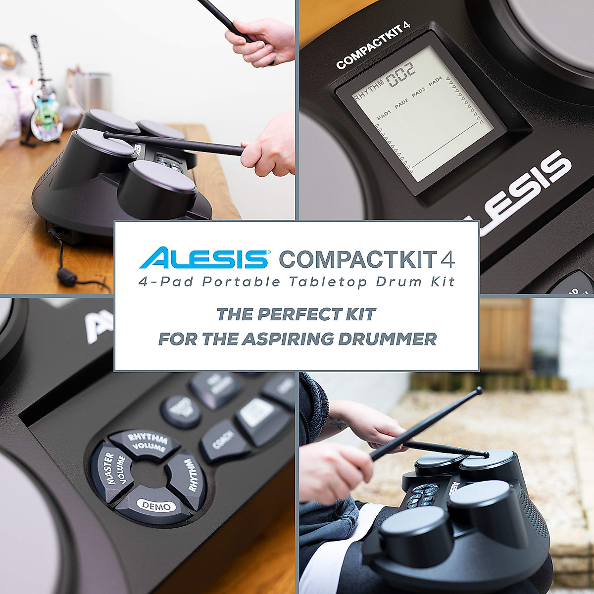 Alesis CompactKit 4 – Tabletop Electric Drum Set with 70 Electronic and Acoustic Drum Kit Sounds, 4 Pads, and Drum Sticks