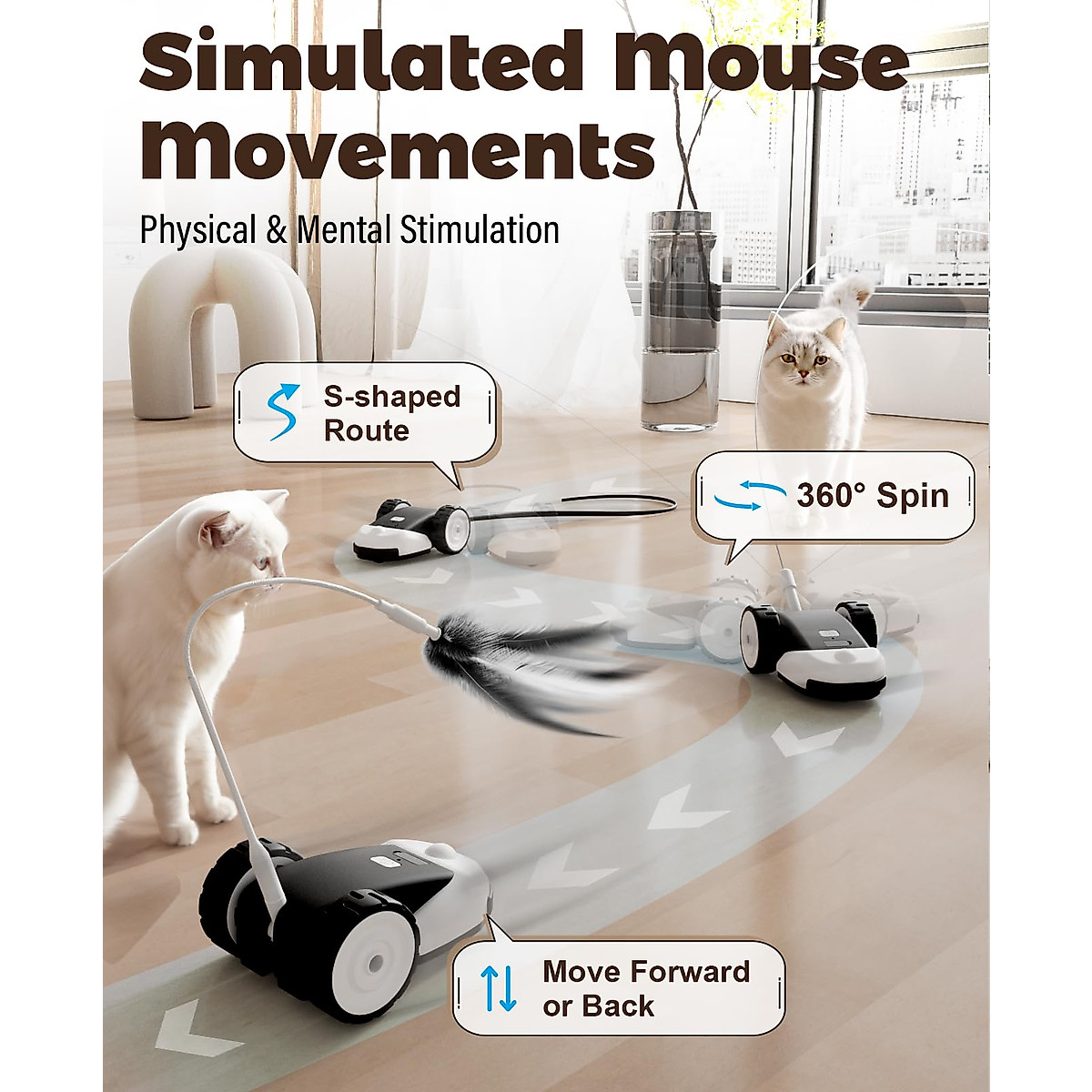 CYROS 3-in-1 Interactive Cat Toy - 2-Speed Automatic Moving Mouse Cat Toys Self Play with 2pcs Hanging Feather String Ribbon and Wiggly Silicone Mice Tail for Bored Indoor Adult Cats Kittens