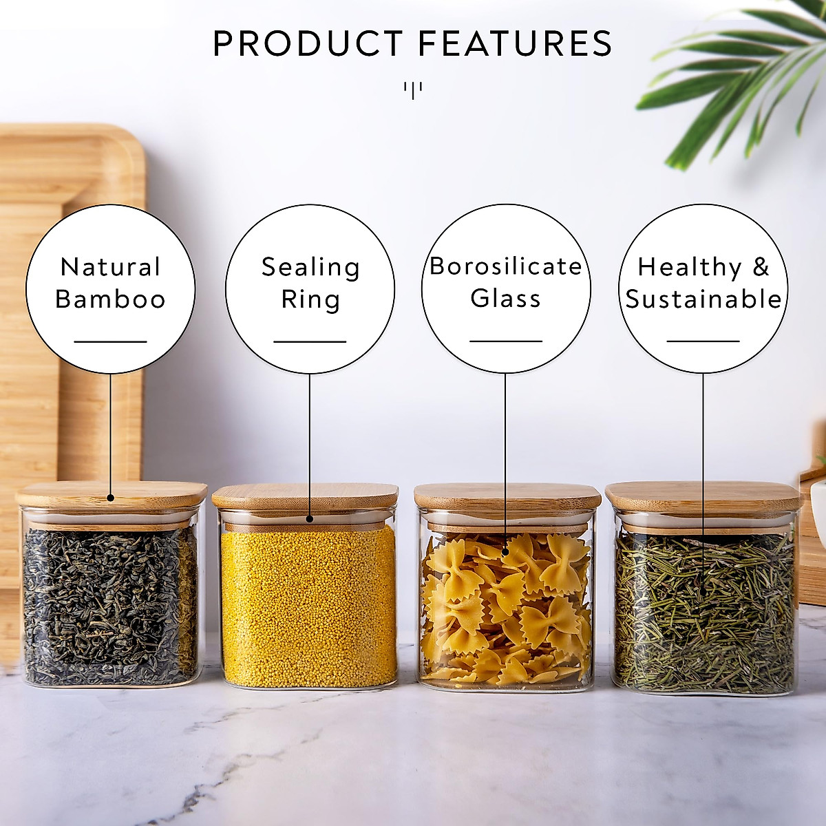 Laramaid 27oz 6Packs Square Glass Jars Set with Minimalist Pantry Labels, Square Pantry Jars with Bamboo Lids and White Customized Sticker Labels, Food Storage Containers for Home