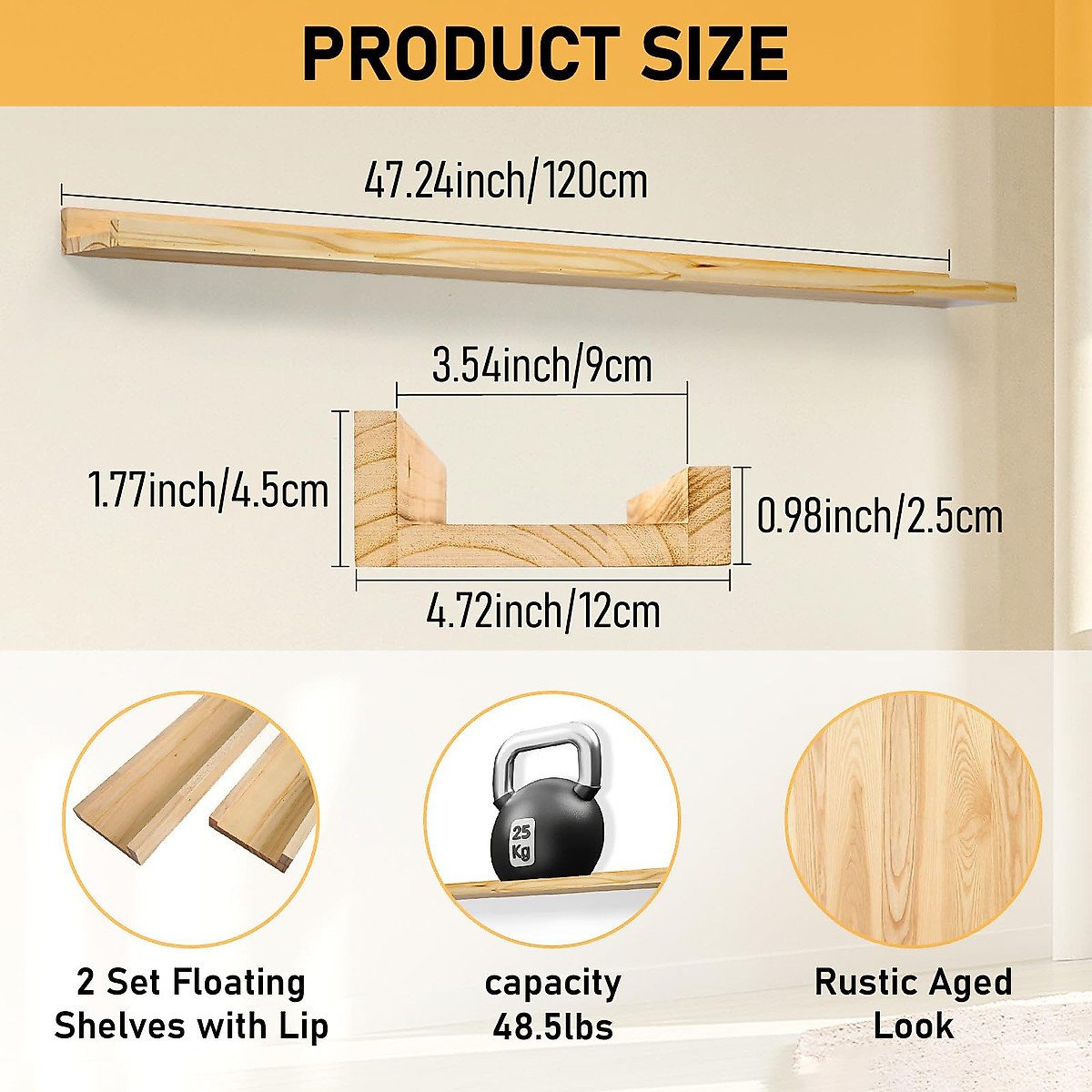 tonchean Floating Shelves 49 inch Pine Wooden Shelf with Ledge, 2 Pcs Long Floating Shelf with Lip for Wall, Picture Shelf for Living Room Bedroom Kitchen