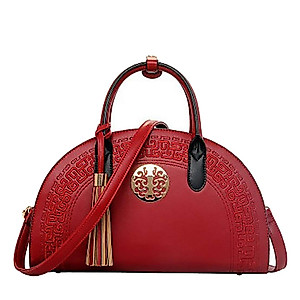 QZUnique Women's PU Embroidery Tassels Ethnic Style Handbag Bride Bag Crossbody Shoulder Bag Red
