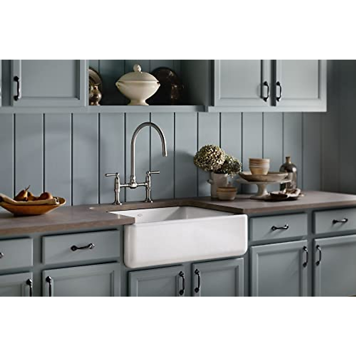 KOHLER K-6487-0 Whitehaven Farmhouse Self-Trimming 29-11/16" x 21-9/16" x 9-5/8" Front Undermount Single-Bowl Kitchen Sink with Tall Apron, 30 Inch, White